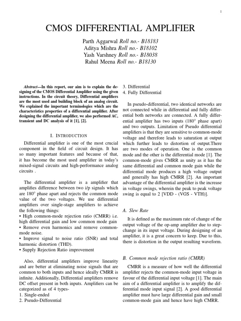 Cmos Differential Amplifier Pdf Amplifier Mosfet