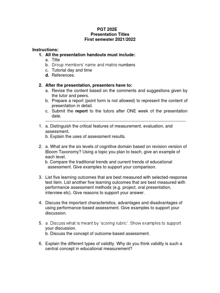 PGT 202E Presentation Titles First Semester 2021/2022 Instructions: 1. All The Presentation ...