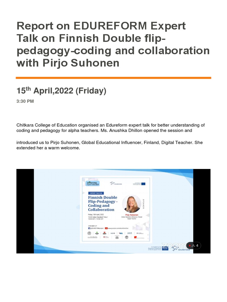 Report On EDUREFORM Expert Talk On Finnish Double Flip-Pedagogy-Coding and Collaboration With ...