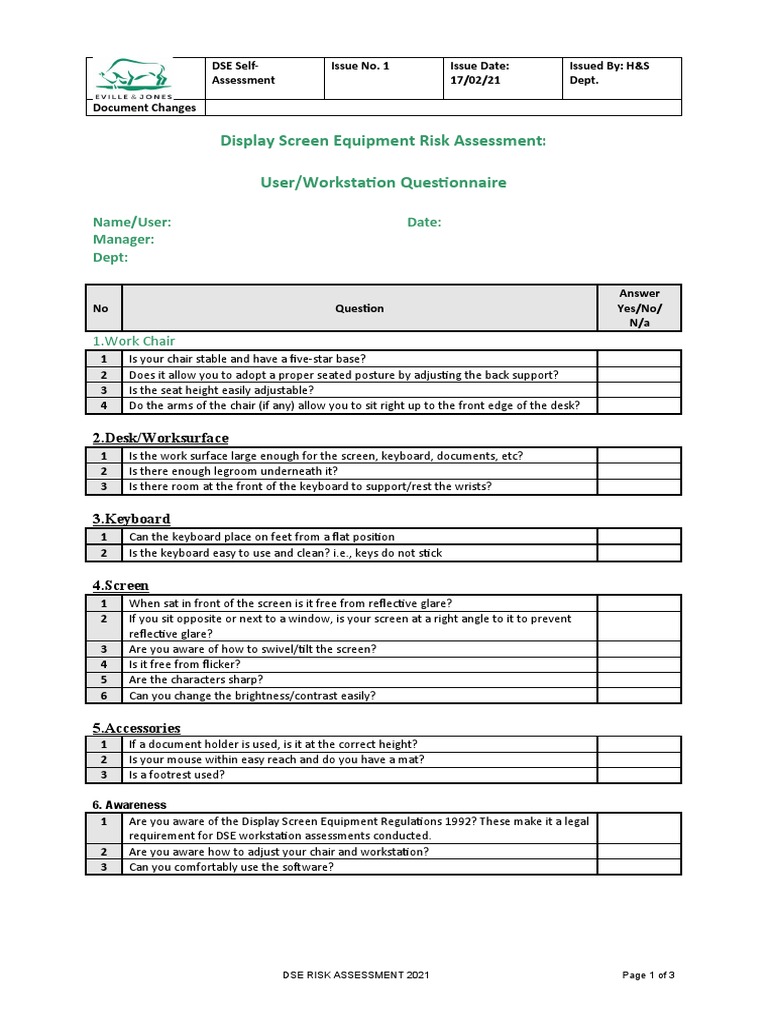 Display Screen Equipment Risk Assessment: User/Workstation ...