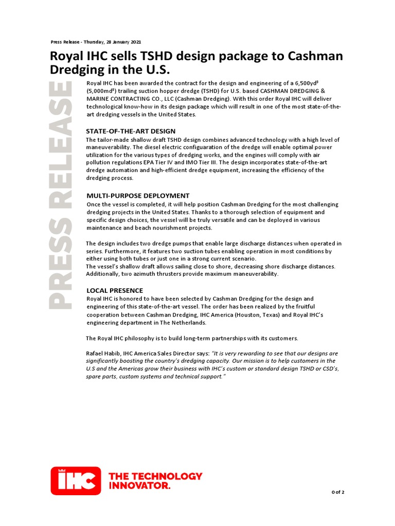 Press Release Design and Engineering Package TSHD For Cashman Dredging ...