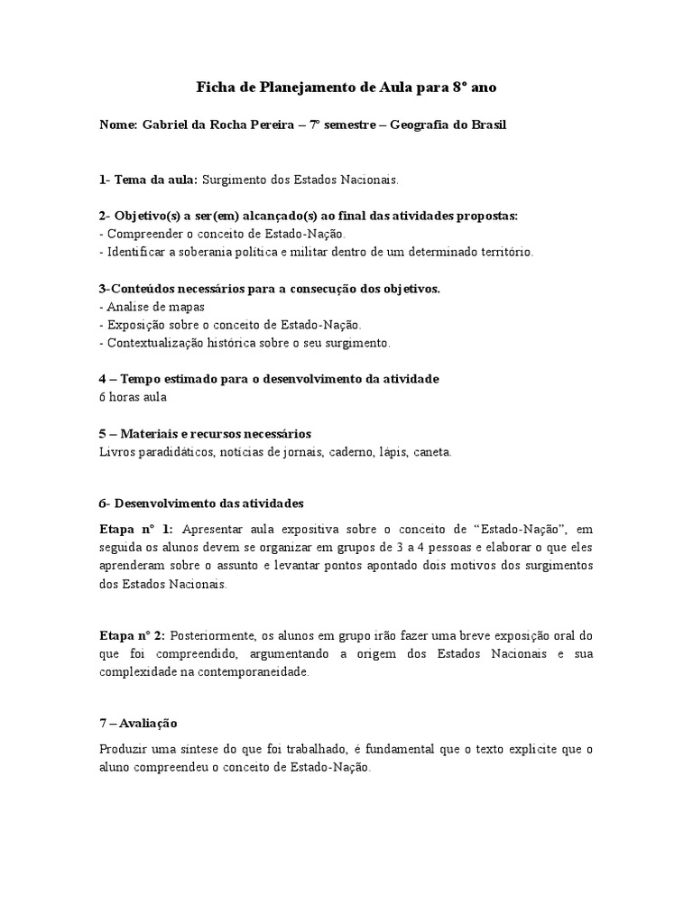 Plano de Aula Estado Nação | PDF | Ciências Sociais | História