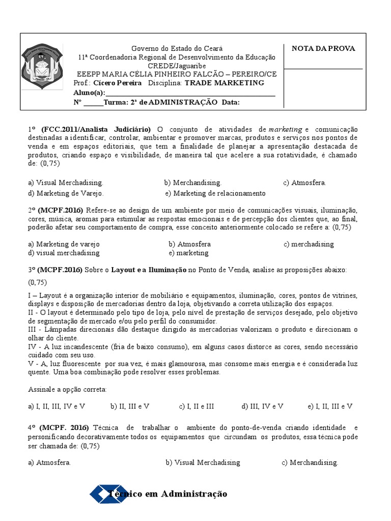 Prova de Trade Marketing - Administração | PDF | Marketing | Marketing ...