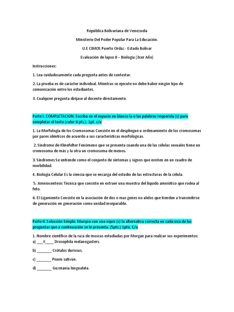 Examen de Biolologia Sarah Moya Myers 3er Año B | PDF | Herencia | Gene