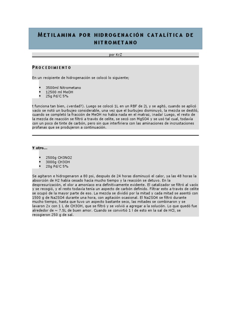 Metilamina Por Hidrogenación Catalítica de Nitrometano | PDF | Ciencia ...