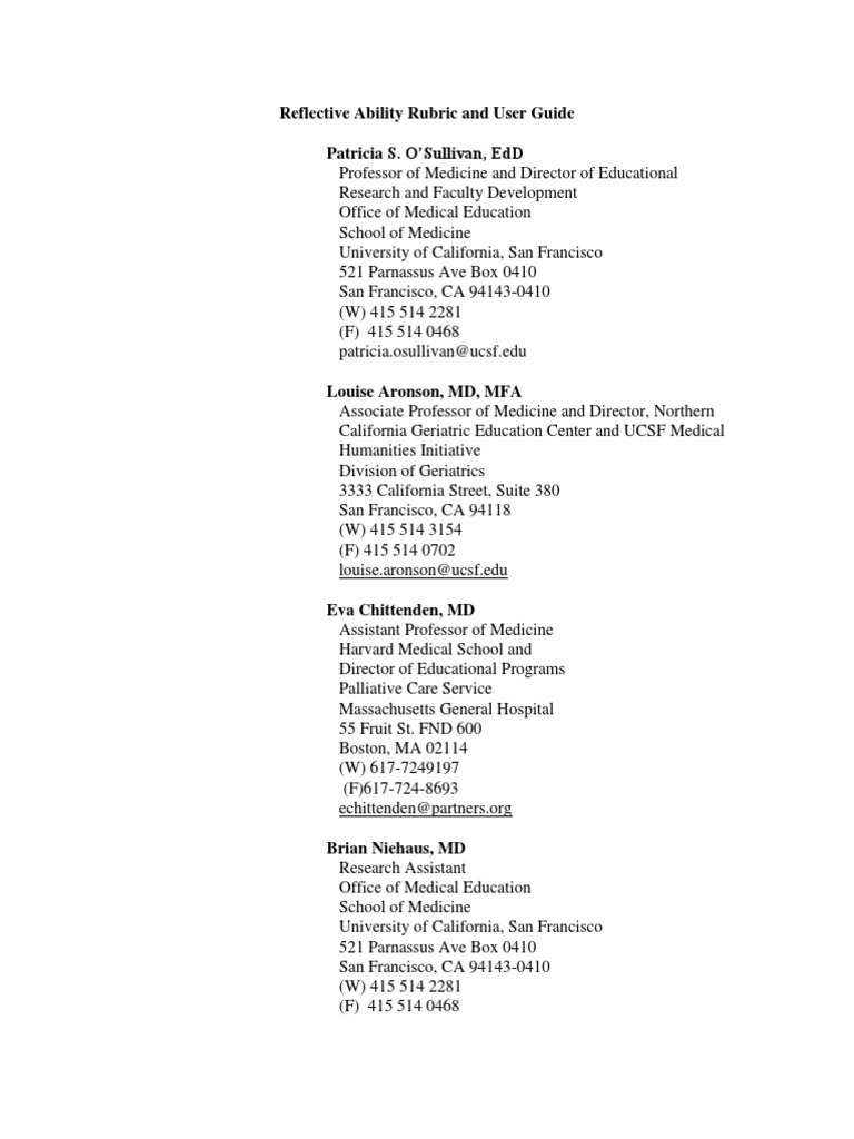 Reflective Ability Rubric and User Guide Patricia S. O'Sullivan, Edd ...