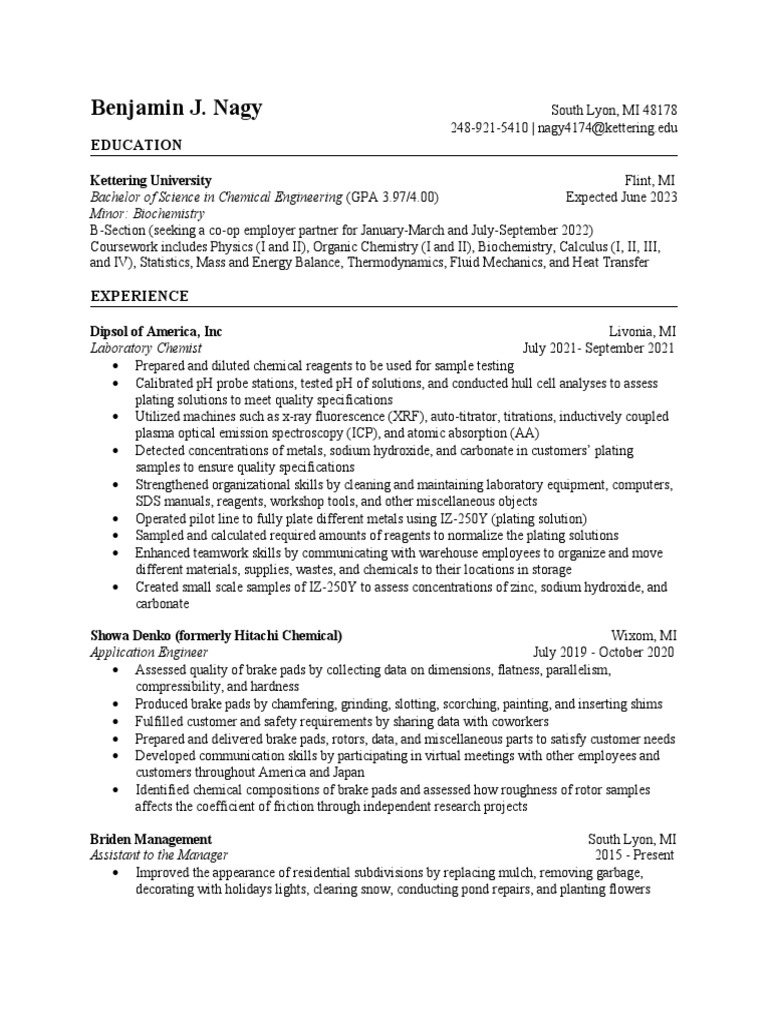 Benjamin Nagy 2022 Resume | Download Free PDF | Ph | Sodium Hydroxide