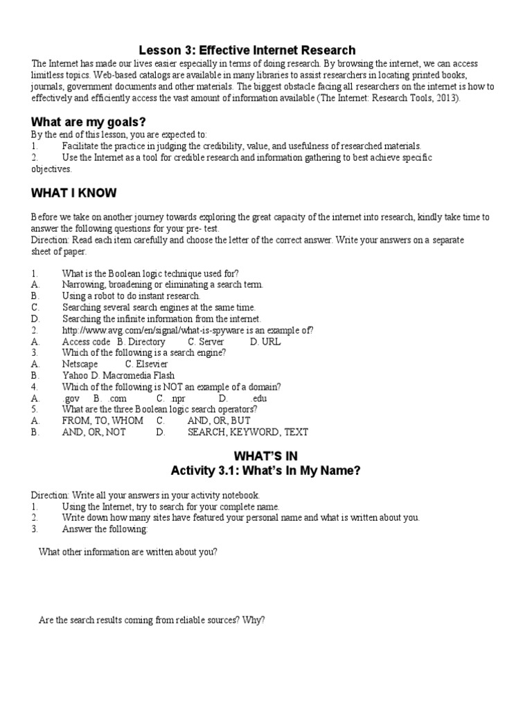 Lesson 3: Effective Internet Research | PDF | Domain Name | World Wide Web