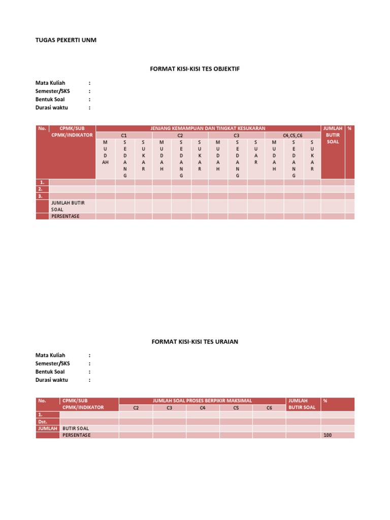 Format Kisi-Kisi Tes Objektif Dan Uraian | PDF