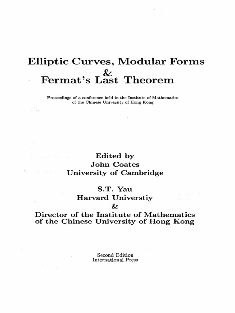 Elliptic Curves Modular Forms And Fermats Last Theorem Pdf
