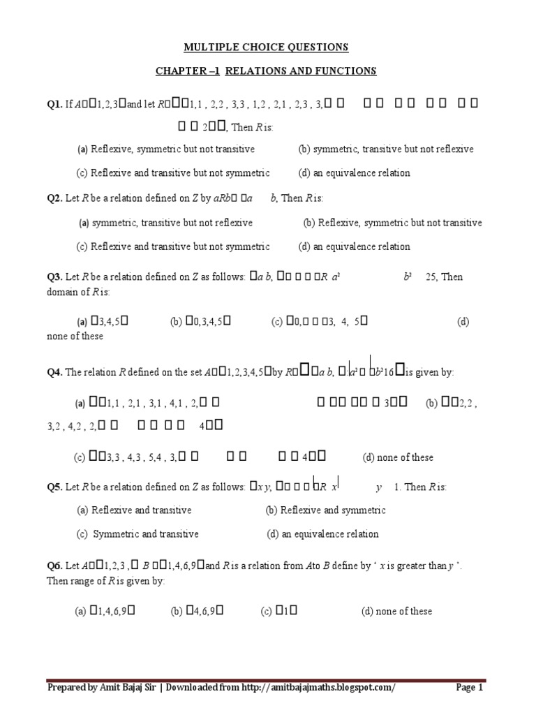 Multiple Choice Questions Chapter - 1 Relations and Functions Q1. If A ...