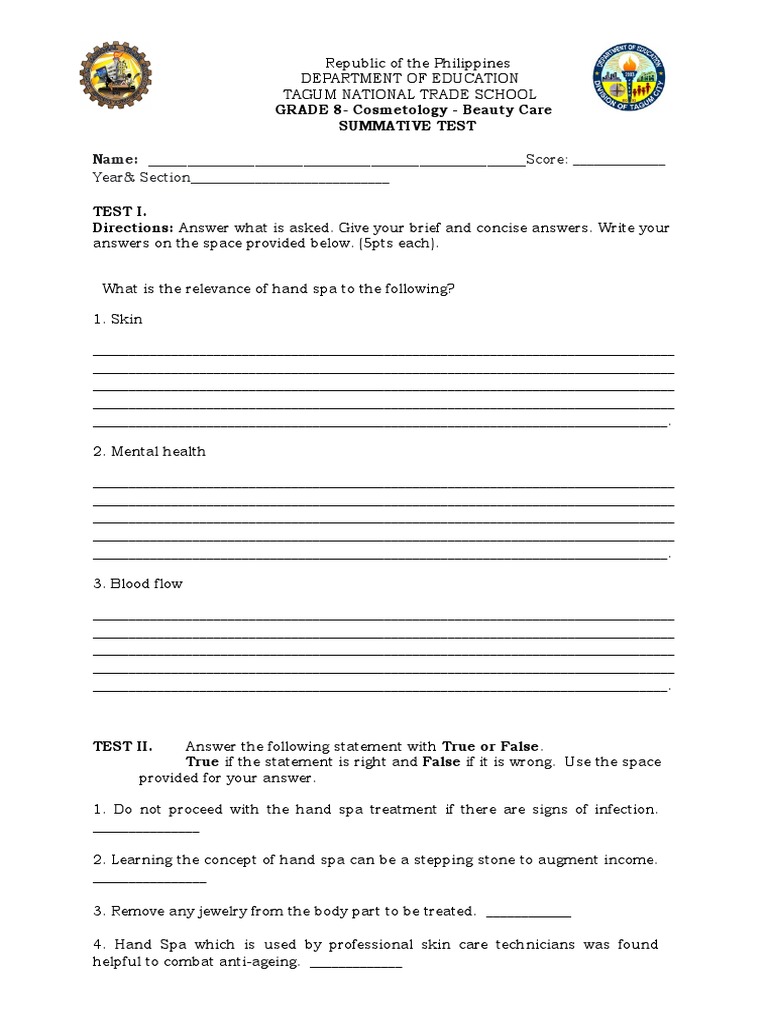 Year& Section - : GRADE 8-Cosmetology - Beauty Care Summative Test ...