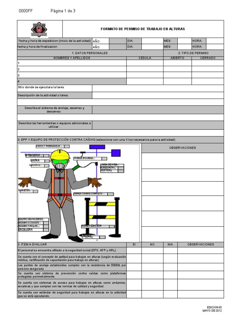 Permisos de trabajo en alturas: formato y lista de verificación de seguridad | PDF