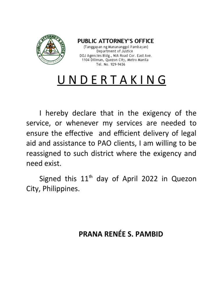 Undertaking Exigency of Service | PDF