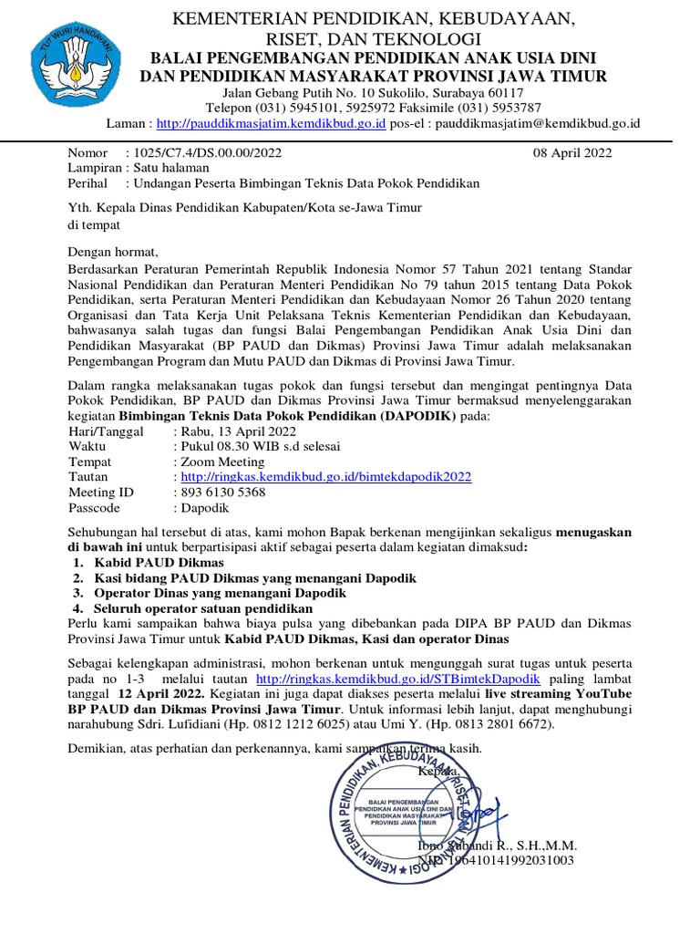 Surat Undangan Peserta Bimtek Dapodik | PDF