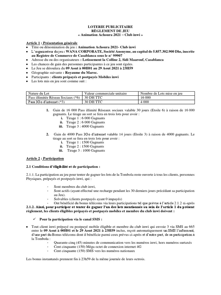 Règlement Loterie Achoura 2021 Inwi | PDF | Publicité | la communication