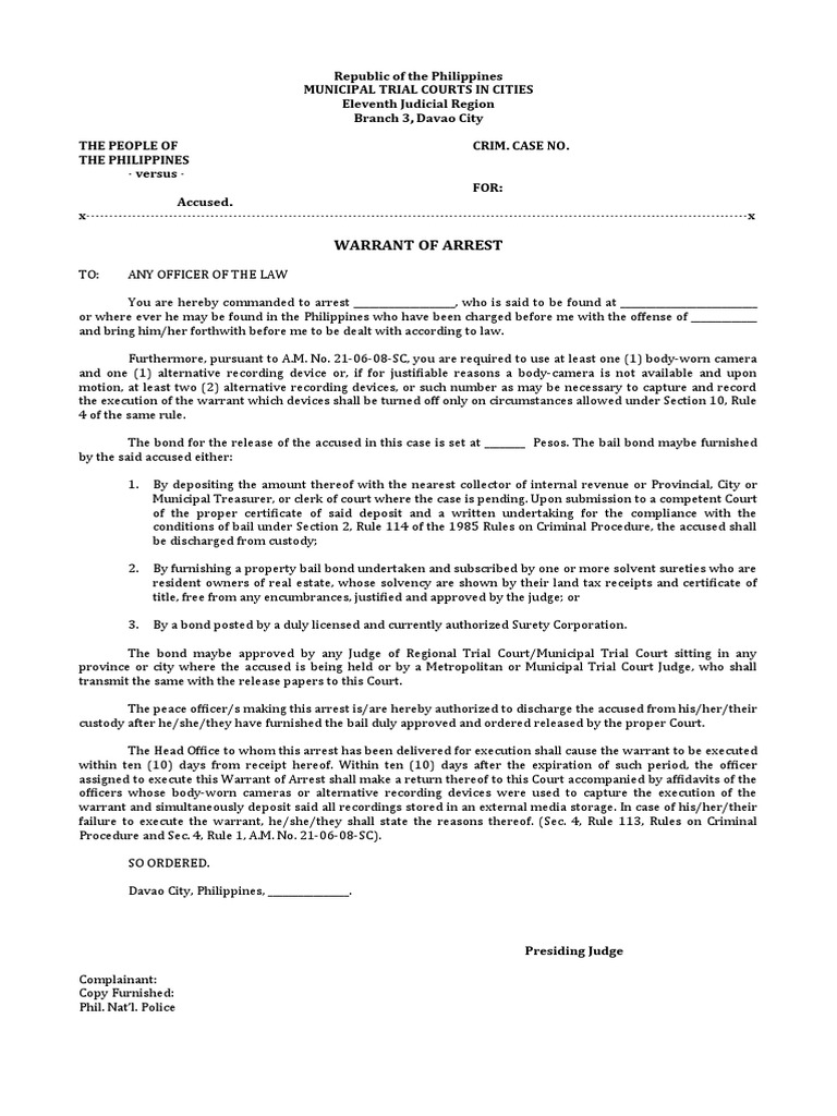 Draft New Template Warrant of Arrest | PDF | Bail | Arrest