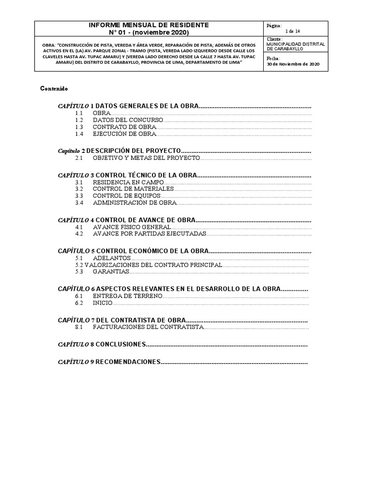 Reporte mensual sobre el progreso de la construcción de una pista ...