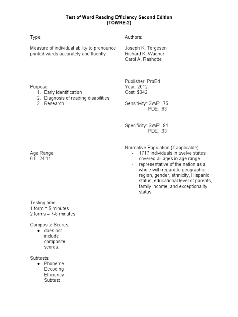 Test of Word Reading Efficiency Second Edition (TOWRE-2) | PDF
