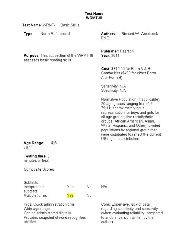 Test Info Page Wrmt-III | PDF