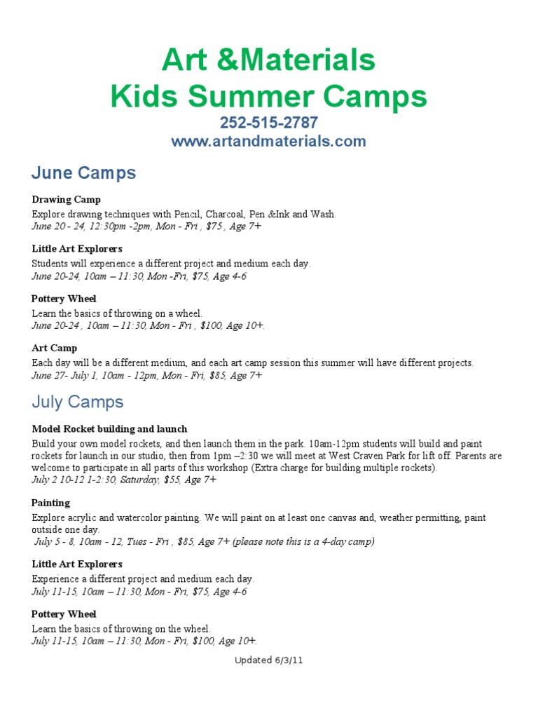Kids Summer Camp Schedule | Download Free PDF | Paintings | Drawing