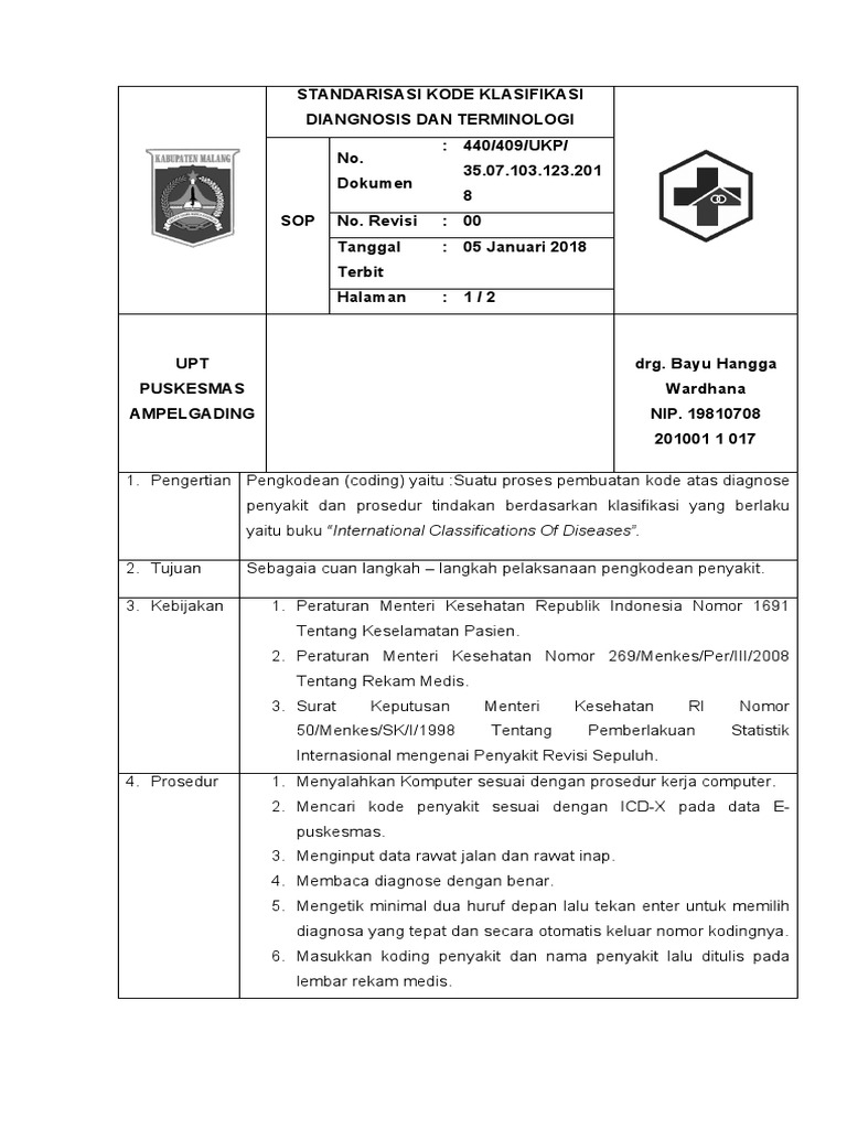 Sop Standarisasi Kode Klasifikasi Diagnosis Dan Terminologi | PDF