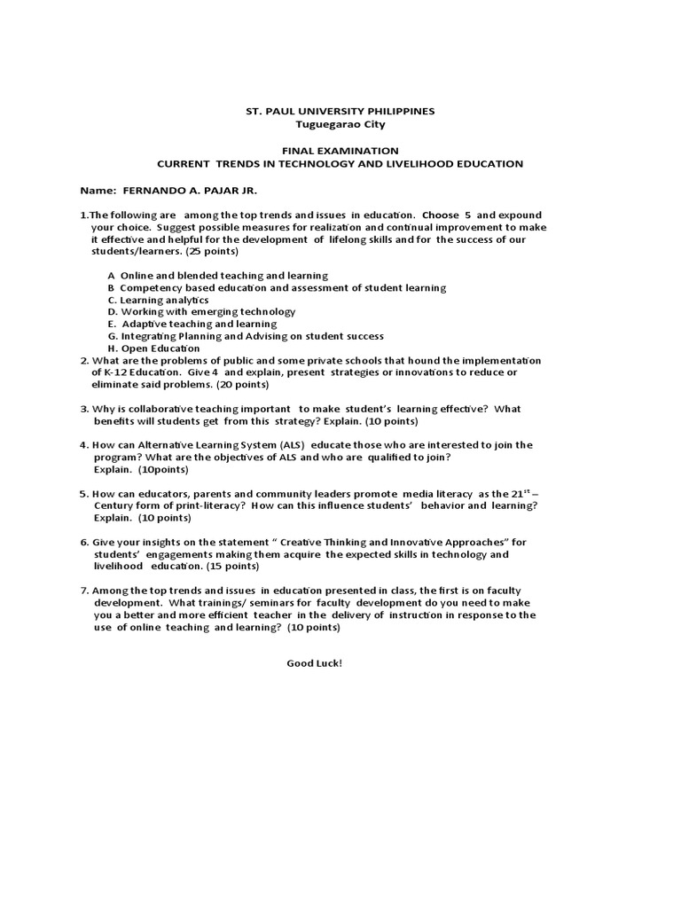 Current Trends in TLE. - Exam For Nov. 6, 2021 | PDF | Distance ...