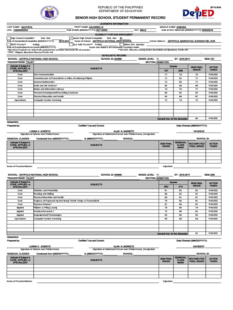 Senior High School Student Permanent Record: Republic of The ...