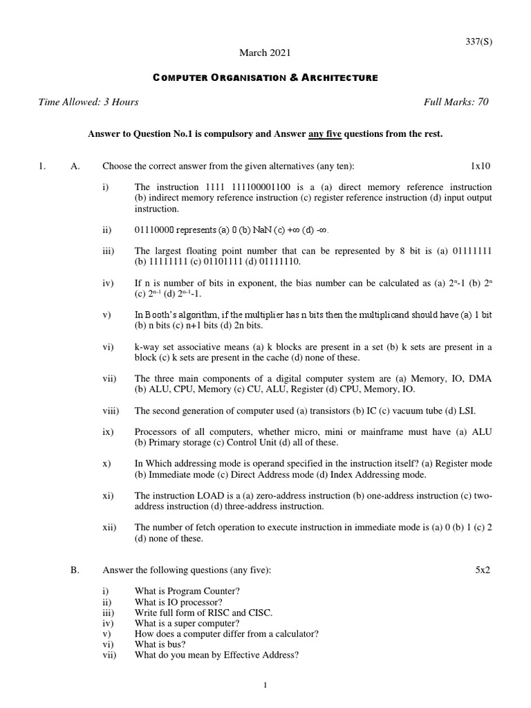Computer Organization & Architecture: Exam Questions Covering Addressing Modes, CPU Components ...