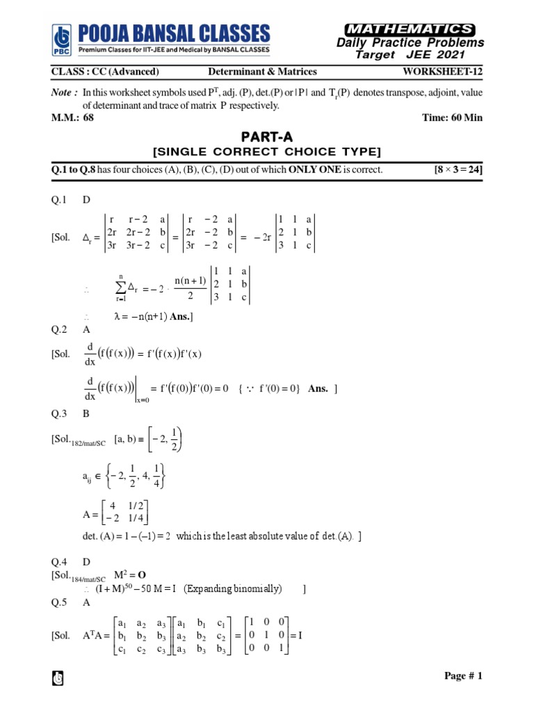 Part-A: Note: in This Worksheet Symbols Used P | PDF | Determinant ...