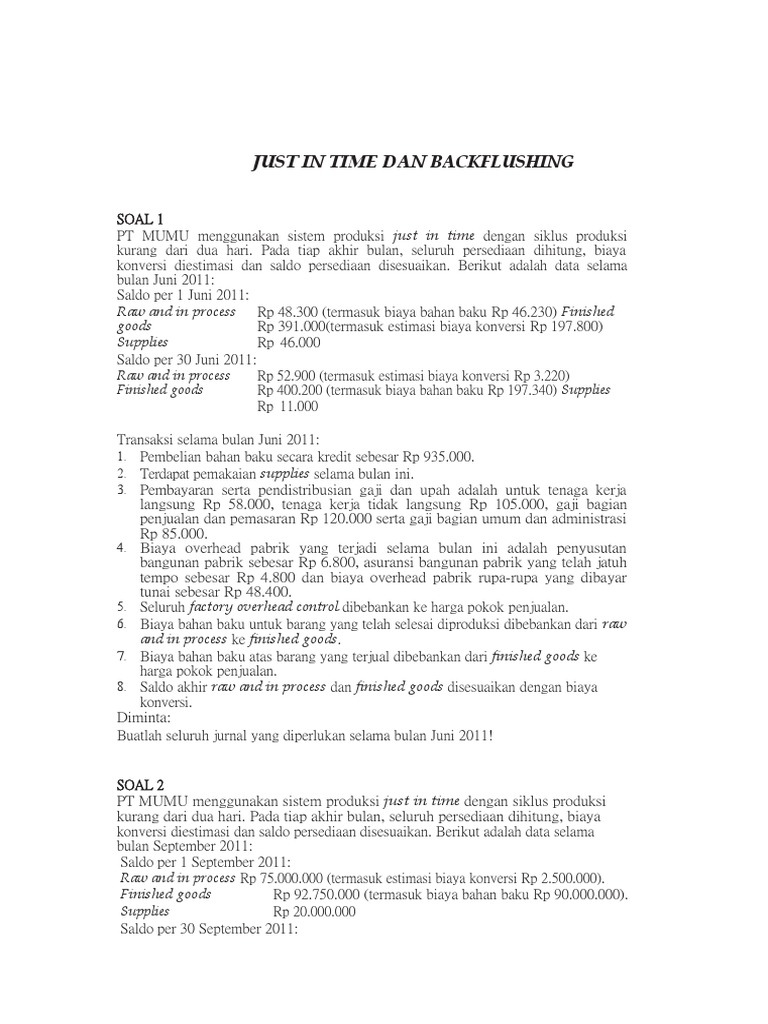 Soal Latihan Just in Time Dan Backflushing | PDF