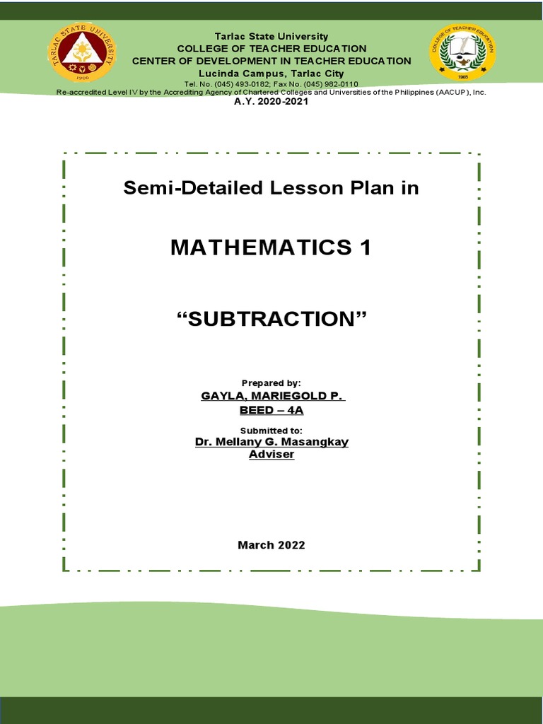 Mathematics 1: Semi-Detailed Lesson Plan in | PDF | Subtraction | Elementary Mathematics