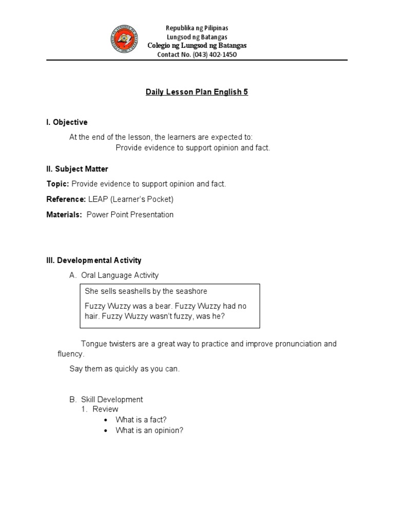 Daily Lesson Plan English 5 I. Objective: Colegio NG Lungsod NG ...