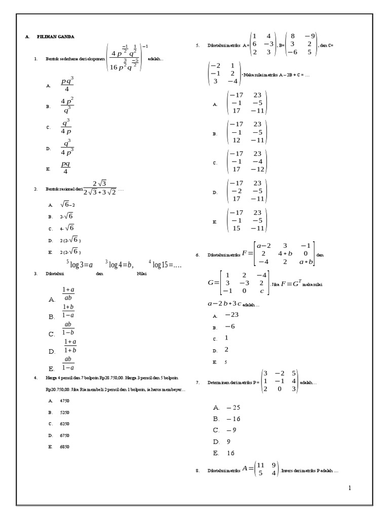 Soal Usbn Matematika 2022 | PDF