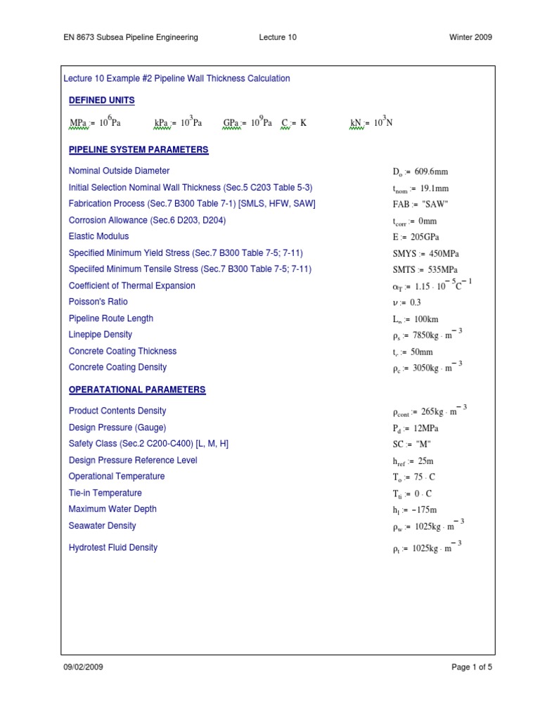 Pipeline Wall Thickness Calculation DNV OS 101 | PDF | Pascal (Unit ...