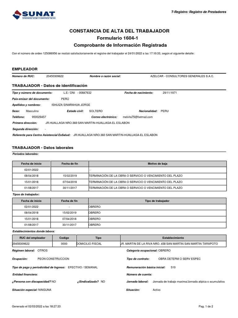 Registro de datos laborales y de seguridad social de un trabajador ...