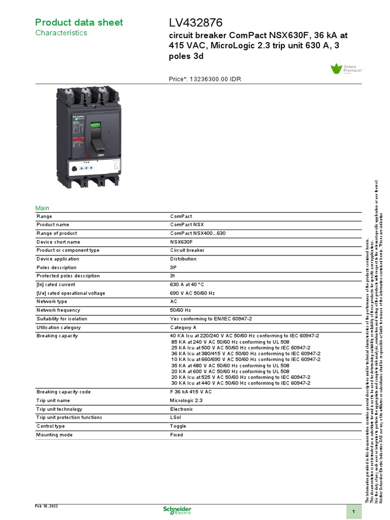 LV432876 - Datasheet MCCB NSX100-630 | PDF