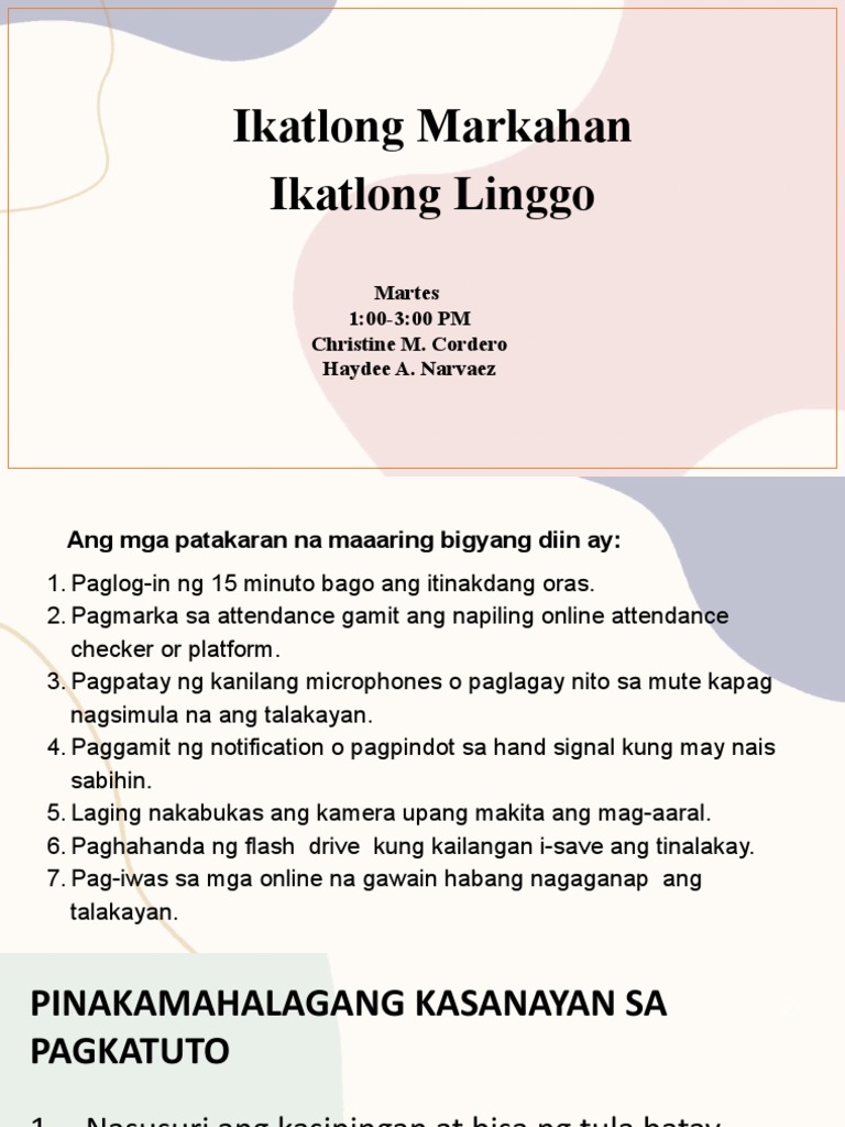 Ikatlong Markahan Ikatlong Linggo: Martes 1:00-3:00 PM Christine M ...