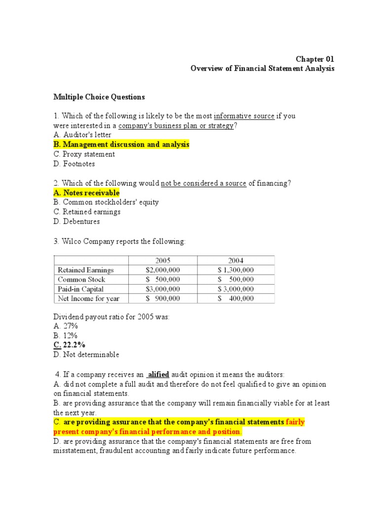 Overview of Financial Statement Analysis Multiple Choice Questions ...