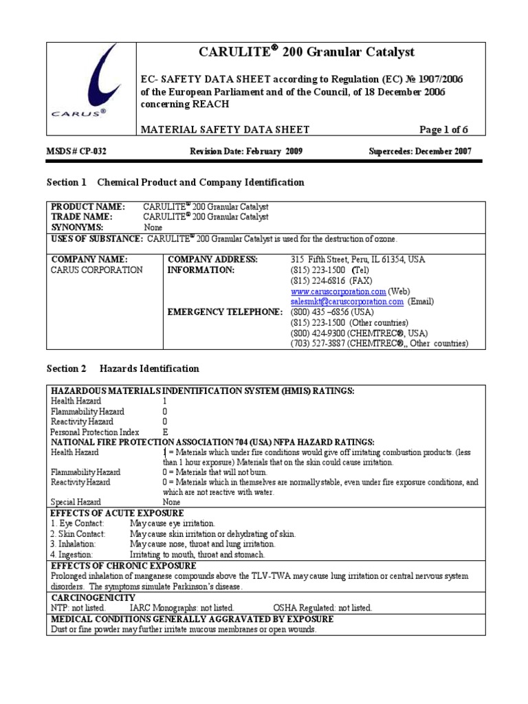 Carulite 200 Granular Catalyst | PDF | Manganese | Water