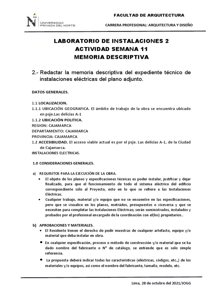 Memoria Descriptiva de Instalaciones Electricas | PDF | Ingenieria Eléctrica | Electricidad