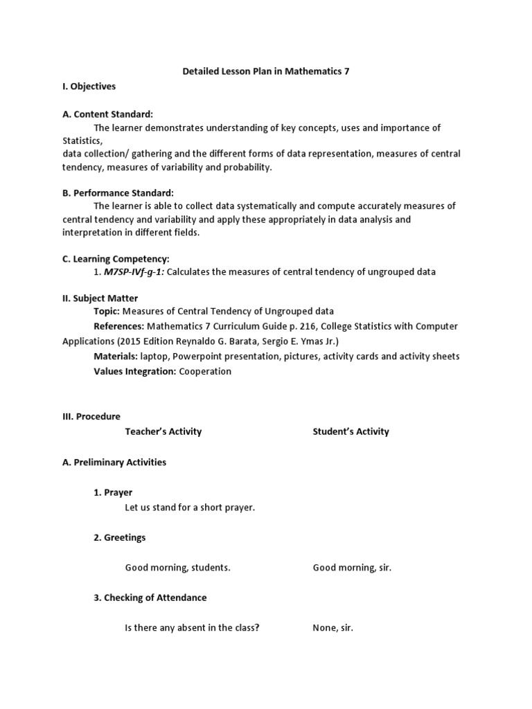Detailed Lesson Plan in Mathematics 7 | PDF | Mode (Statistics) | Mean