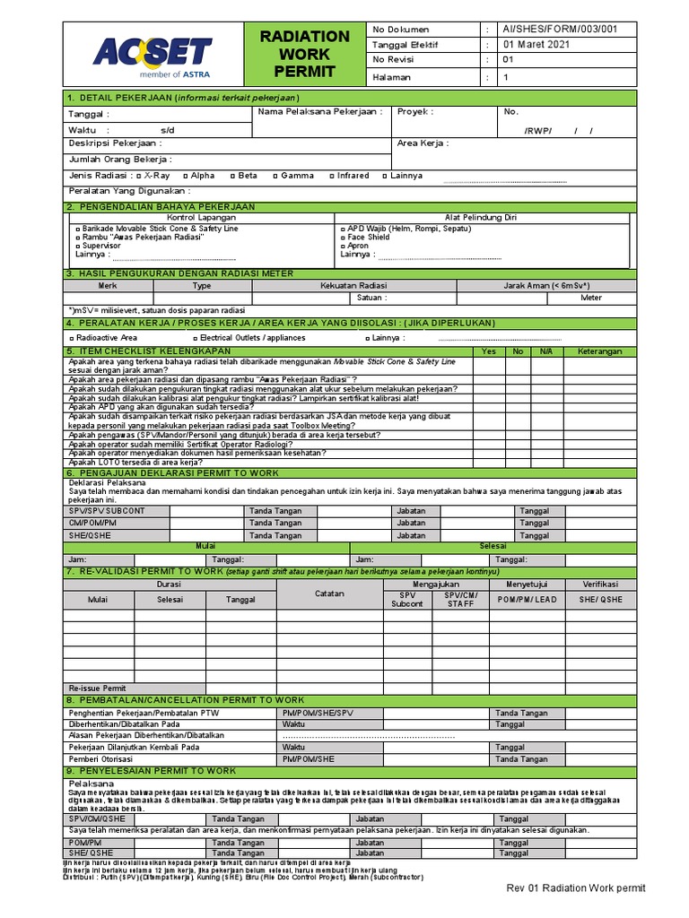 Form Radiation Work Permit Rev.01 | PDF