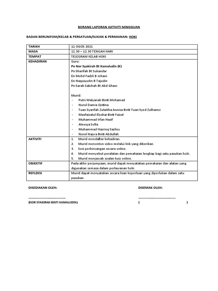 Borang Laporan Aktiviti Mingguan Hoki | PDF
