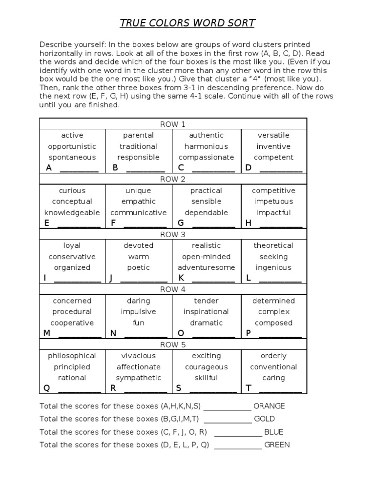 True Colors Word Sort | PDF