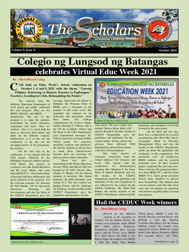 Colegio NG Lungsod NG Batangas: Celebrates Virtual Educ Week 2021 | PDF
