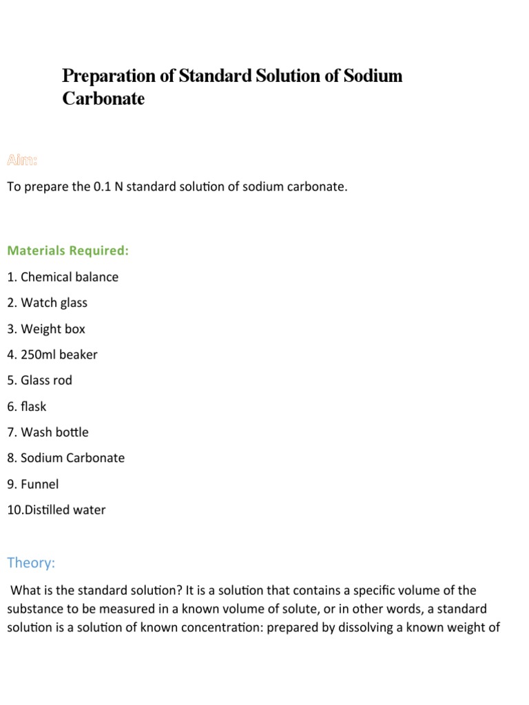 Preparation of Standard Solution of Sodium Carbonate | PDF | Sodium ...