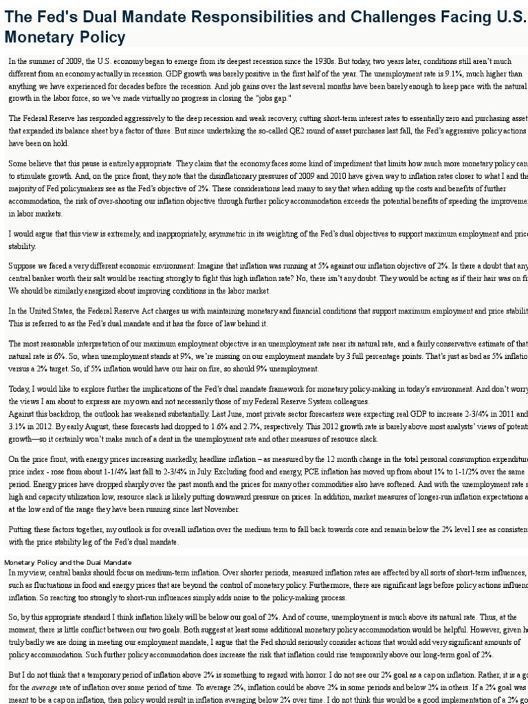The Fed's Dual Mandate Responsibilities and Challenges Facing U.S ...