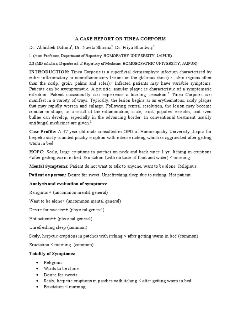 A Case Report On Tinea Corporis | PDF | Placebo | Homeopathy