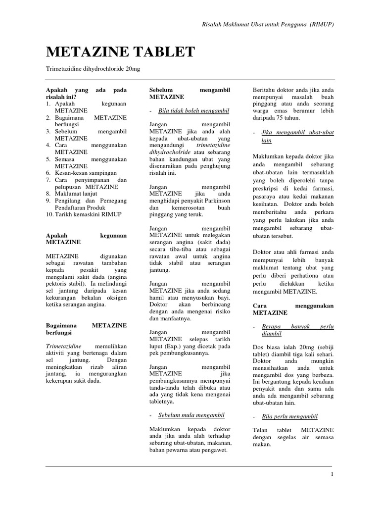 Metazine Tablet (Trimetazidine) Duopharma (M) Sdn. Bhd. 21apr2015 BM | PDF